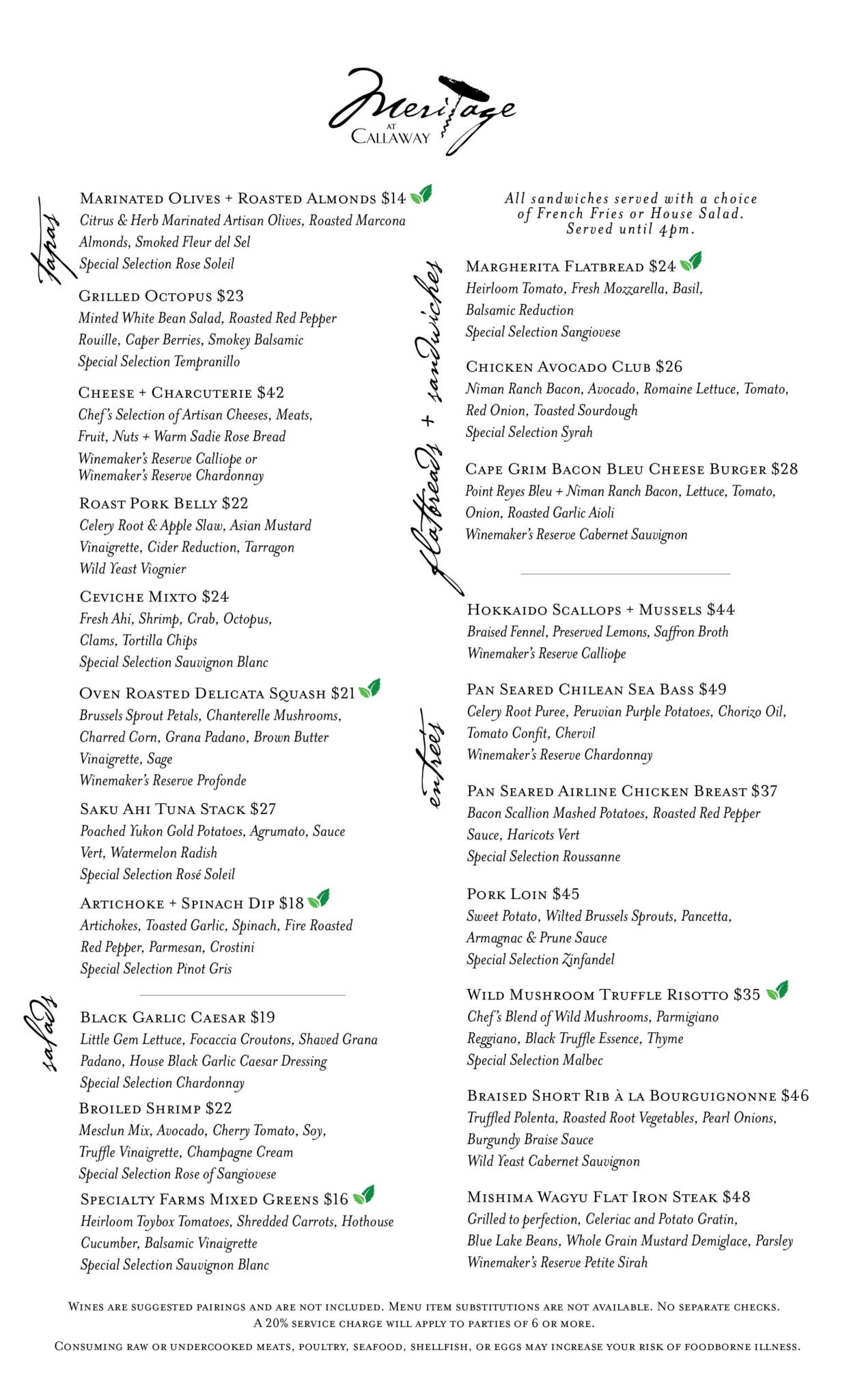 Meritage Restaurant Menu | Callaway Winery