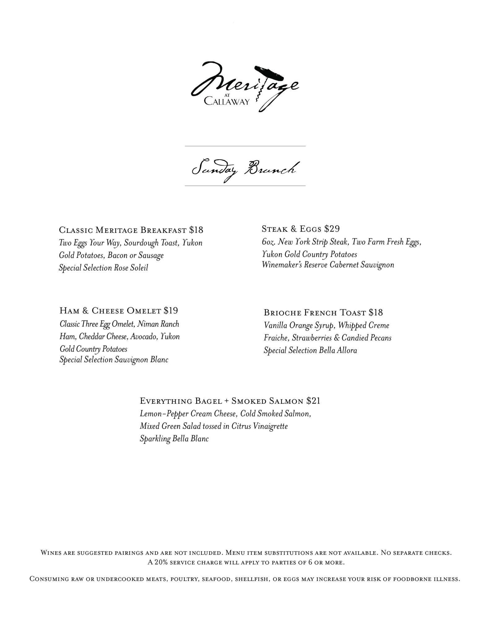 Meritage Restaurant Menu | Callaway Winery