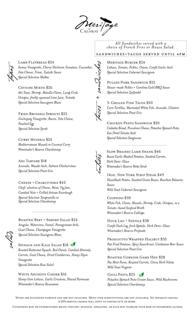 Meritage Restaurant Menu | Callaway Winery
