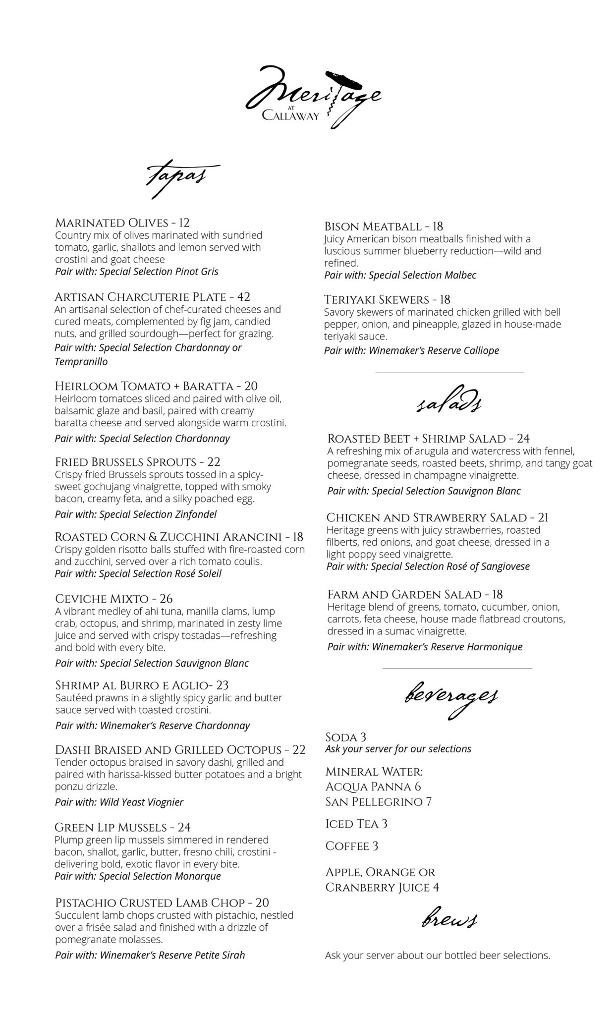 Meritage Restaurant Menu | Callaway Winery