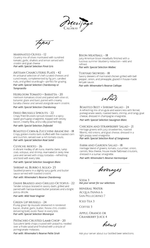 Meritage Restaurant Menu | Callaway Winery