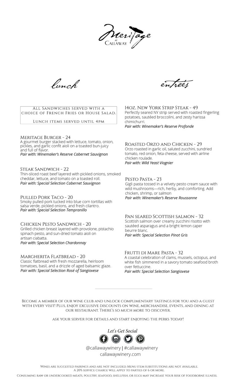 Meritage Restaurant Menu | Callaway Winery